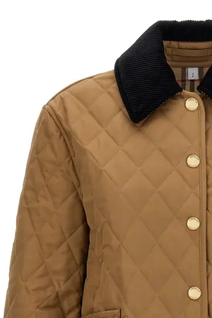 Burberry Diamond Quilted Button-up Jacket With Corduroy Collar - Camel