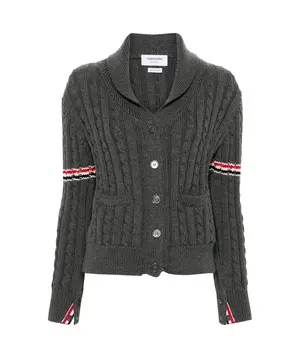 Thom Browne Rwb-stripe Cable-knit Cardigan - Medium Gray