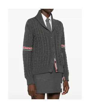 Thom Browne Rwb-stripe Cable-knit Cardigan - Medium Gray
