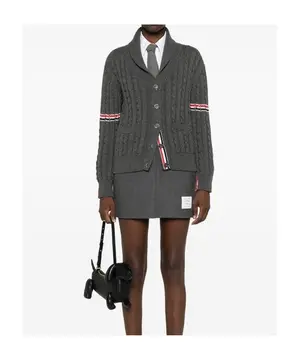 Thom Browne Rwb-stripe Cable-knit Cardigan - Medium Gray