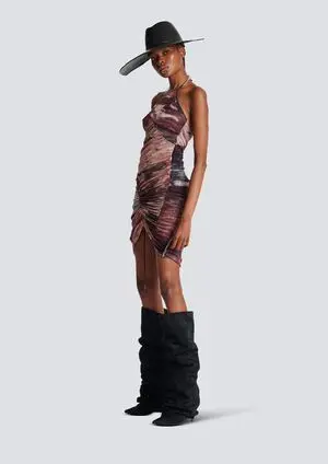 Balmain Abstract Print Ruched Halterneck Dress