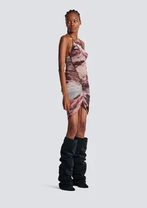Balmain Abstract Print Ruched Halterneck Dress