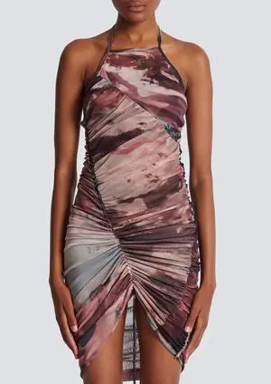 Balmain Abstract Print Ruched Halterneck Dress
