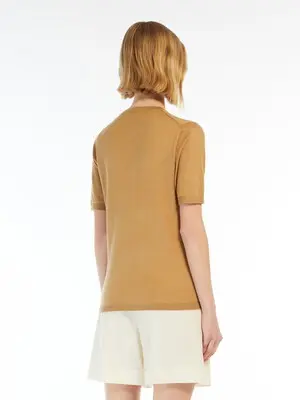 Max Mara Crewneck Knitted Top With Short Sleeves And Ribbed Trim - Camel