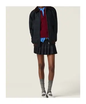 Miu Miu Long-sleeved Zipped Coat With Trimmed Pockets - Black