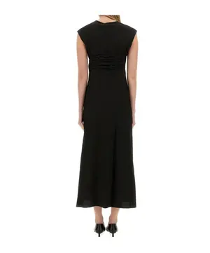 ALYSI V-neck Poplin Maxi Dress With Pleated Details - Black