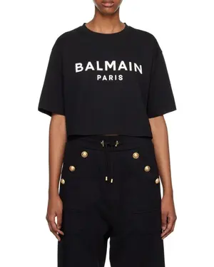 Balmain Logo Printed Cropped T-shirt - Black