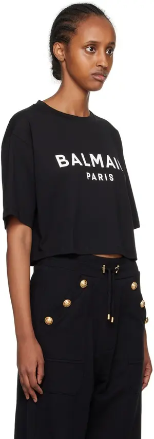 Balmain Logo Printed Cropped T-shirt - Black