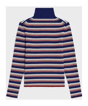Celine Striped Ribbed Wool Turtleneck Sweater - Blue/beige/red