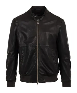 Peuterey Leather Bomber Jacket With Stand Collar - Black