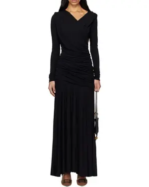 GANNI Asymmetrical Neckline Ruched Long Sleeve Maxi Dress