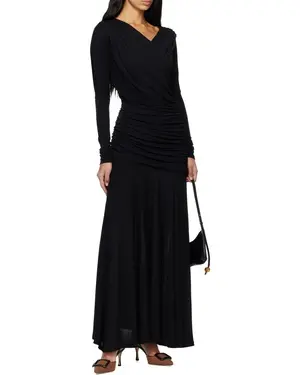 GANNI Asymmetrical Neckline Ruched Long Sleeve Maxi Dress