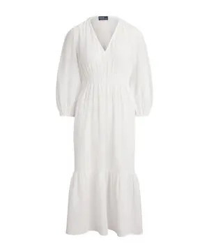 Polo Ralph Lauren V-neck Tiered Midi Dress With Puff Sleeves