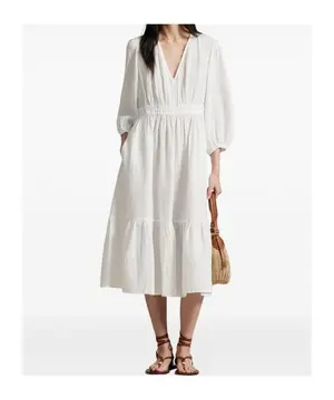 Polo Ralph Lauren V-neck Tiered Midi Dress With Puff Sleeves
