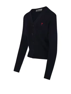 AMI Paris V-neck Cardigan With Embroidered Logo - Black