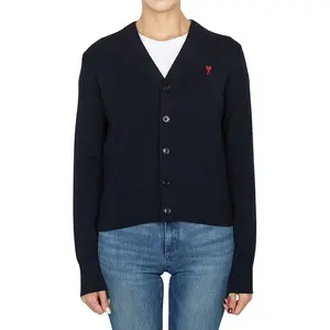 AMI Paris V-neck Cardigan With Embroidered Logo - No