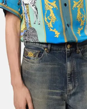 Versace Logo Plaque Cotton Jeans