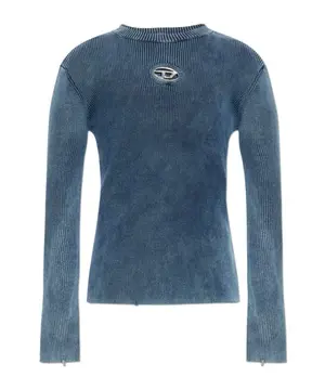 DIESEL® K-daryn-a Ribbed Sweater With Oval Cutout And Metal Logo Detail - Blue