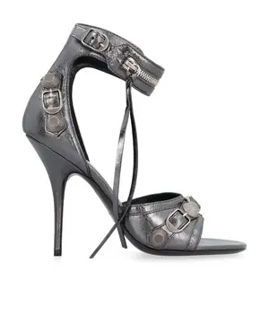 Balenciaga Cagole Metallic Heeled Sandals - Silver