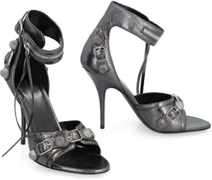 Balenciaga Cagole Metallic Heeled Sandals - Silver