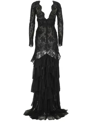 Saint Laurent Ruffled Lace V-neck Maxi Dress