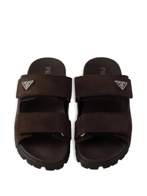 Prada Enamel Triangle Slip-on Sandals - Brown