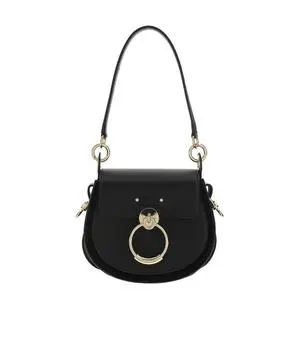 Chloé Tess Logo Embossed Ring Embellished Shoulder Bag - Black