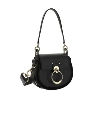 Chloé Tess Logo Embossed Ring Embellished Shoulder Bag - Black