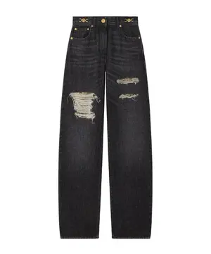 Versace Distressed Straight-leg Jeans With Embellishments