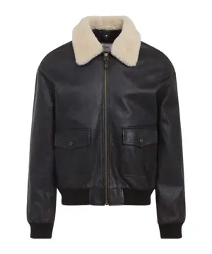Celine Leather Bomber Jacket With Shearling Collar
