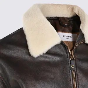 Celine Leather Bomber Jacket With Shearling Collar