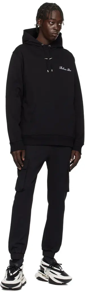 Balmain Logo Detailed Drawstring Hoodie - Black