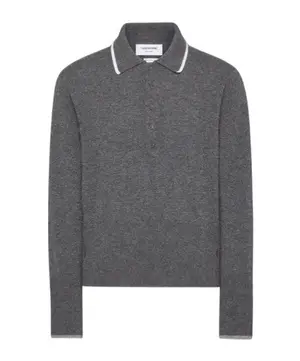 Thom Browne 65 Jersey Intarsia Long Sleeve Polo Shirt - Medium Grey