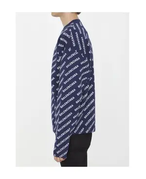 Balenciaga Allover Logo Crewneck Knit Jumper - Blue