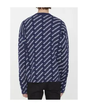 Balenciaga Allover Logo Crewneck Knit Jumper - Blue