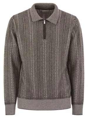 Brunello Cucinelli Herringbone Patterned Zip-up Polo Shirt