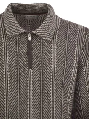 Brunello Cucinelli Herringbone Patterned Zip-up Polo Shirt