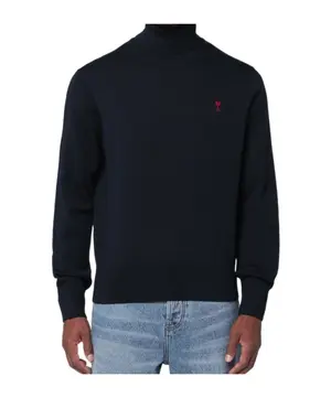 AMI Paris High-neck Embroidered Sweater - Navy Blue