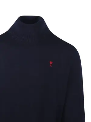 AMI Paris High-neck Embroidered Sweater - Navy Blue