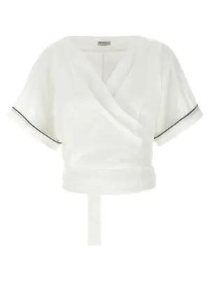 Brunello Cucinelli Kimono-style Poplin Top With Shiny Trim - White