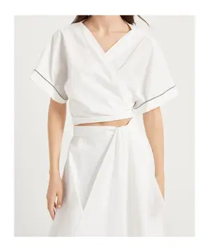 Brunello Cucinelli Kimono-style Poplin Top With Shiny Trim - White