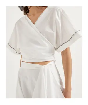 Brunello Cucinelli Kimono-style Poplin Top With Shiny Trim - White