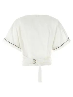 Brunello Cucinelli Kimono-style Poplin Top With Shiny Trim