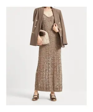 Brunello Cucinelli Sleeveless Lace-patterned Maxi Dress - Light Brown