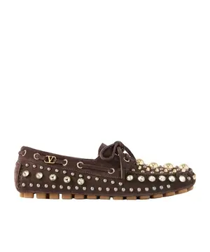 Valentino Garavani Studded Suede Boat Shoes - Chocolate
