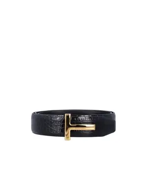 TOM FORD Textured T Buckle Leather Belt - Black