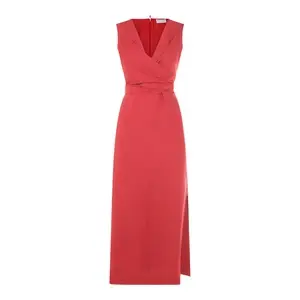 Brunello Cucinelli Sleeveless Fluid Twill Wrap-effect Midi Dress With Slit Skirt - Red