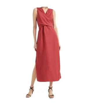 Brunello Cucinelli Sleeveless Fluid Twill Wrap-effect Midi Dress With Slit Skirt - Red