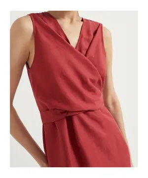 Brunello Cucinelli Sleeveless Fluid Twill Wrap-effect Midi Dress With Slit Skirt - Red