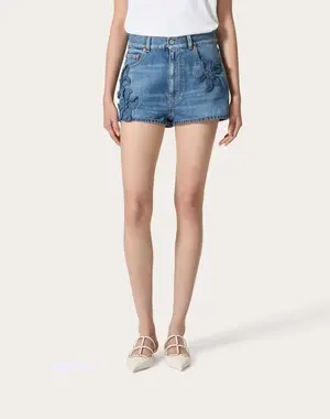 Valentino Garavani Floral Appliqué Denim Shorts